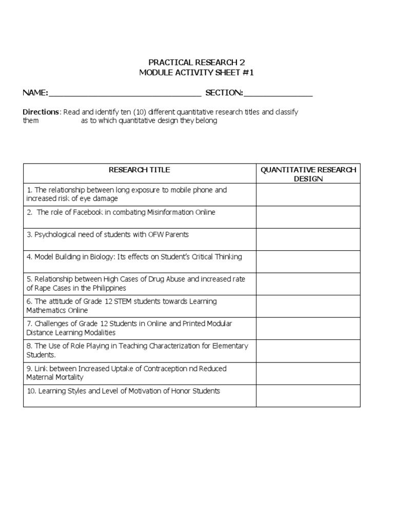 Practical Research 2 Module Activity Sheet #1 NAME: - SECTION | PDF ...