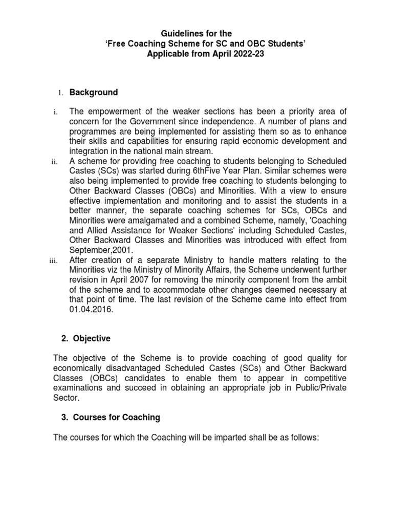 Guidelines For The Free Coaching Scheme For SC and OBC Students ...