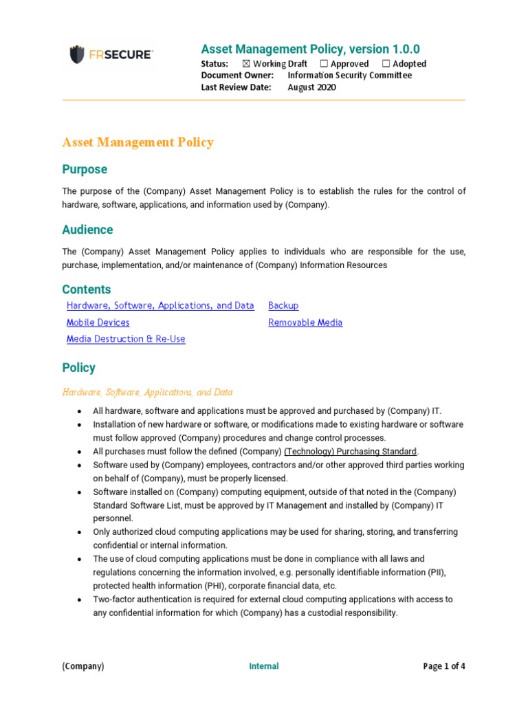 Asset Management Policy Template | PDF | Backup | Computing