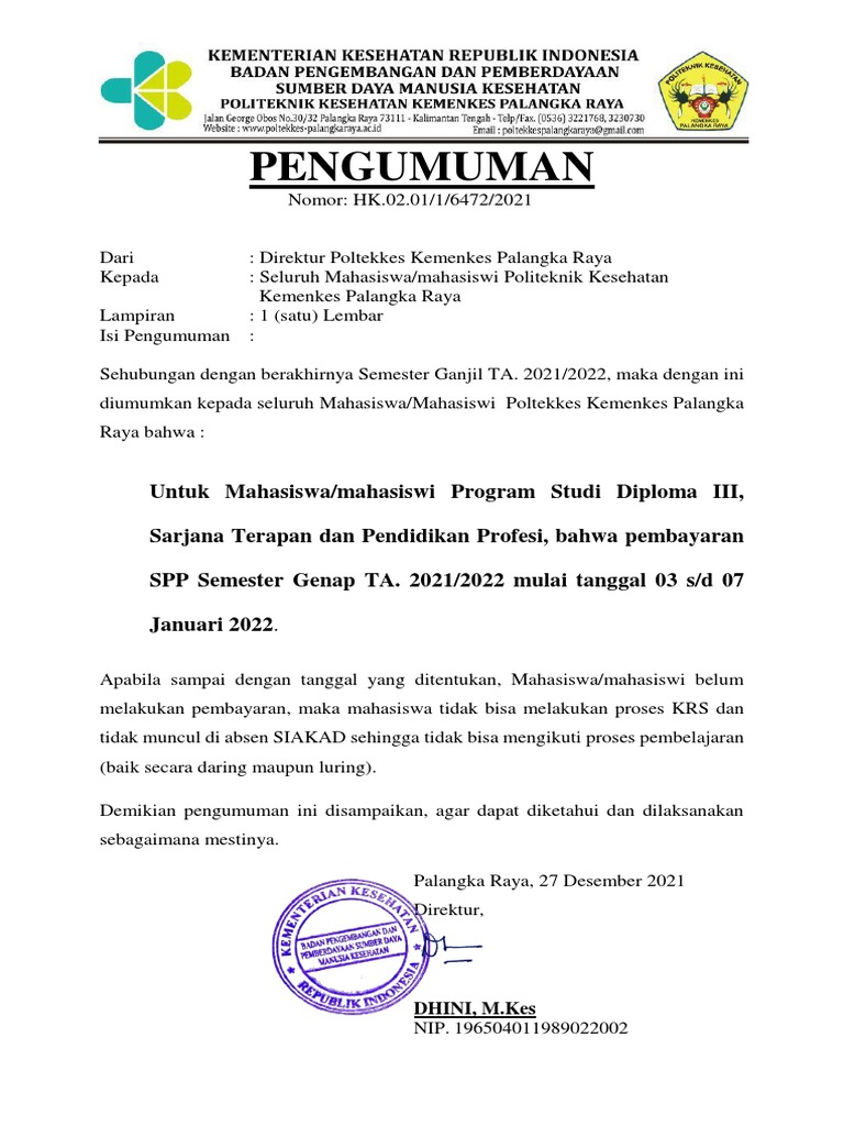 Pengumuman Tanggal Pembayaran SPP Semester Genap Ta 2021-2022 | PDF