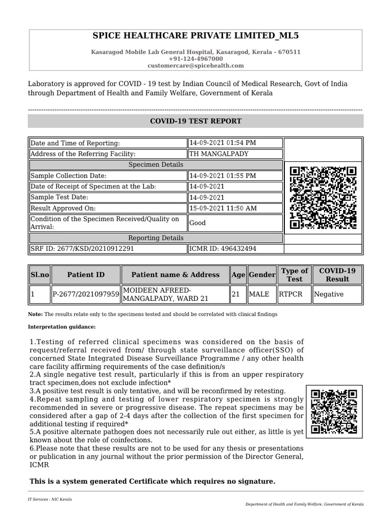 Spice Healthcare Private Limited - Ml5: Covid-19 Test Report | PDF ...