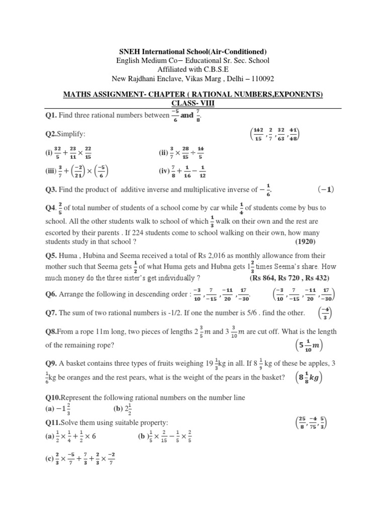 Class 8 Rational Numbers & Exponents | PDF | Algebra | Abstract Algebra
