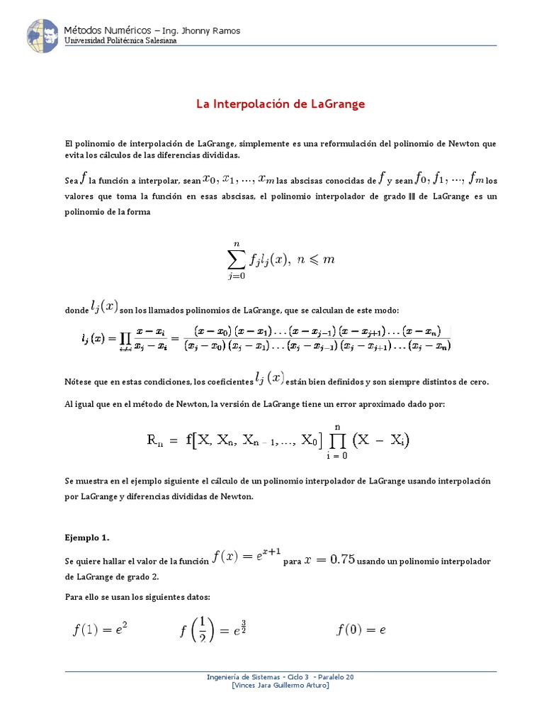 Métodos Numéricos - Interpolación de Lagrange | PDF | Matemáticas De La Computación | Análisis ...