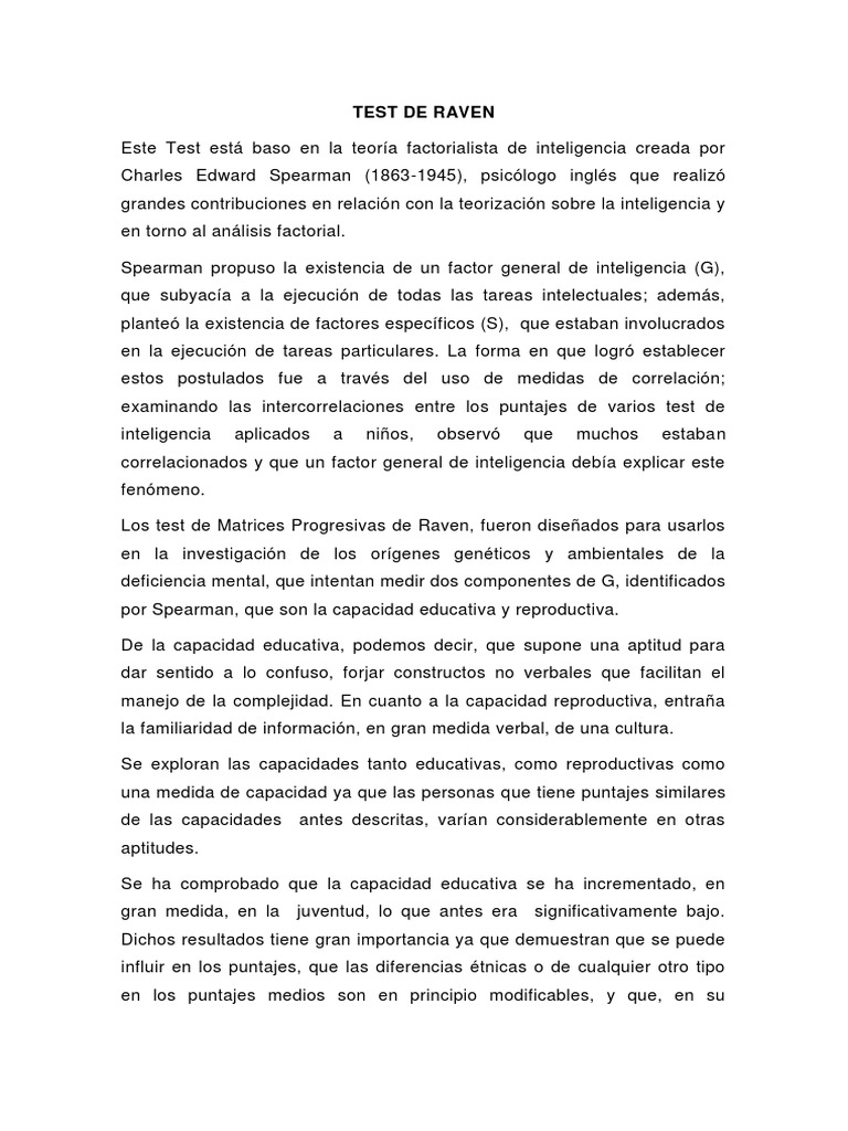 Teoría Test Raven Infantil | PDF | Inteligencia | Psicología Educacional