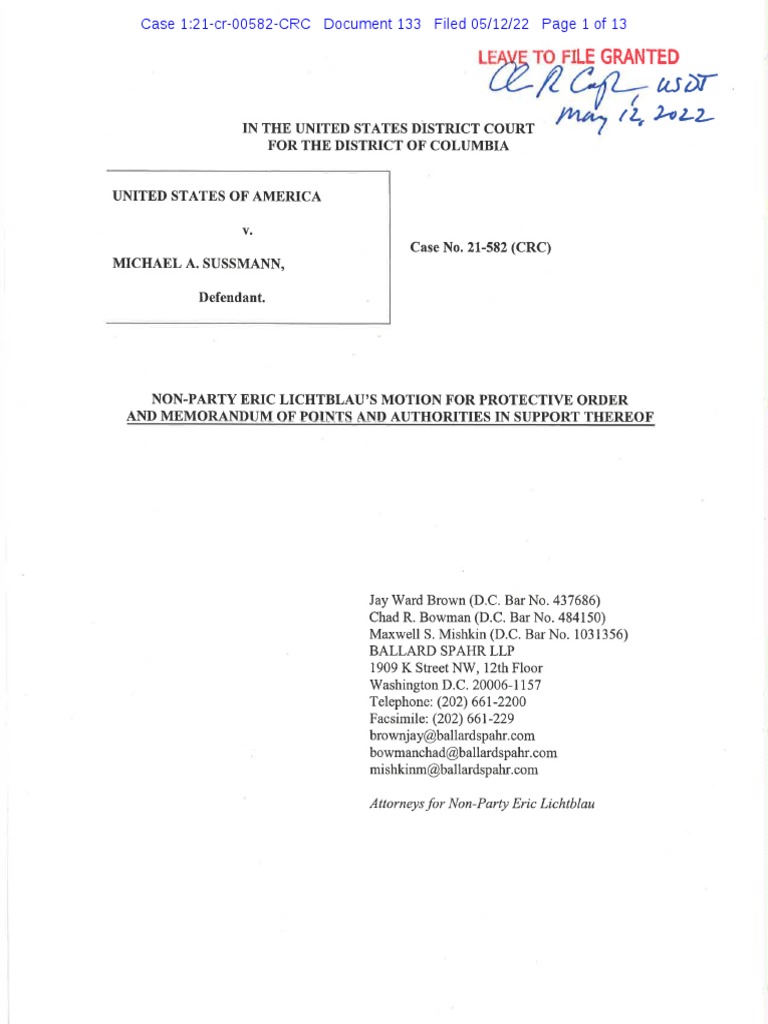 133 - Eric Lichtblau Motion For Protective Order | PDF
