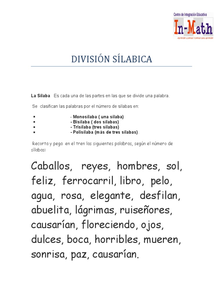 Ejercicios de División Silábica para Niños | PDF