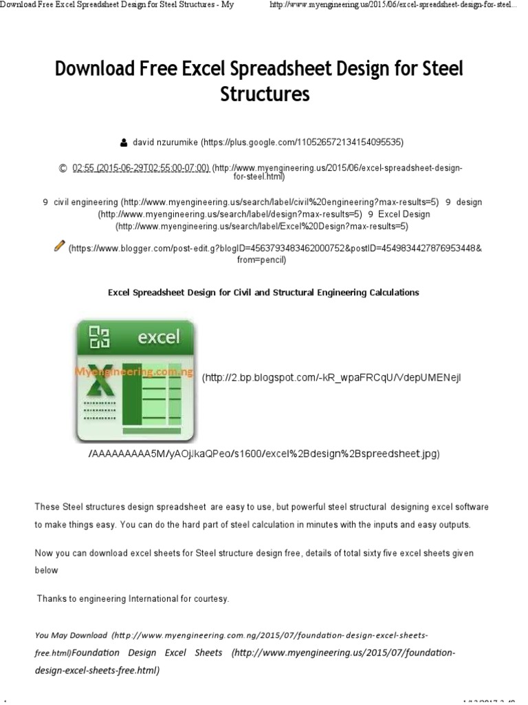 Free Excel Spreadsheet Design For Steel Structures My Engineering | PDF ...