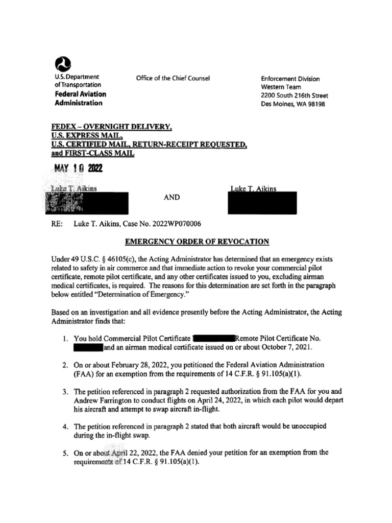 FAA Emergency Order of Revocation - Luke Aikins | PDF