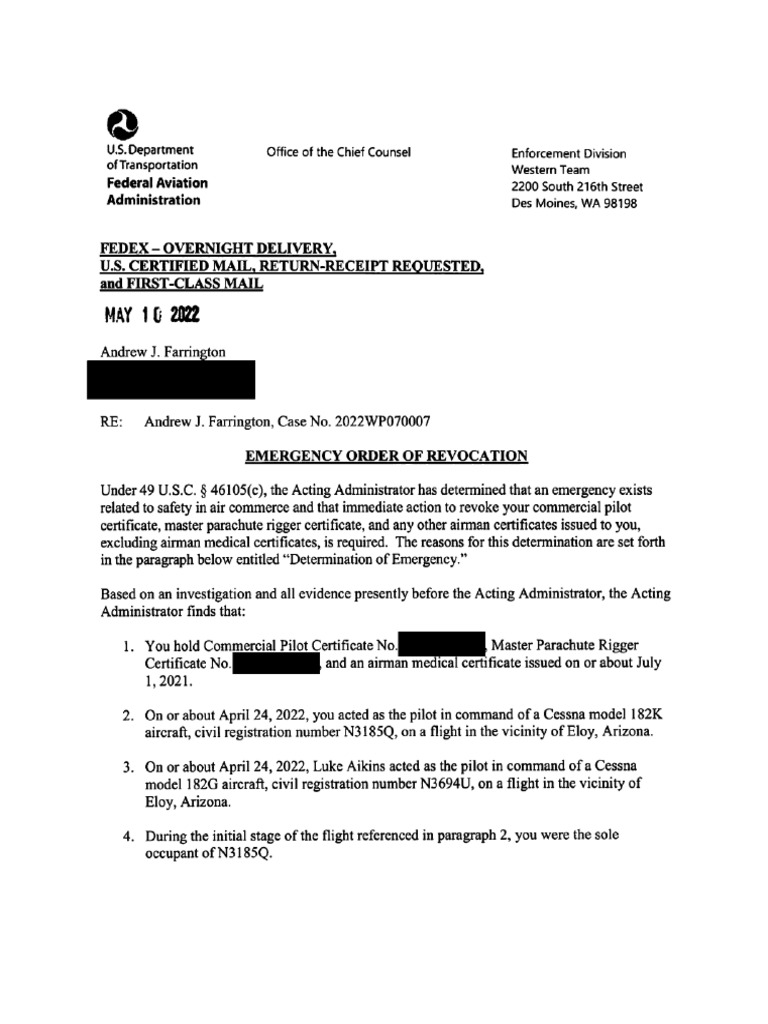 FAA Emergency Order of Revocation - Andy Farrington | PDF