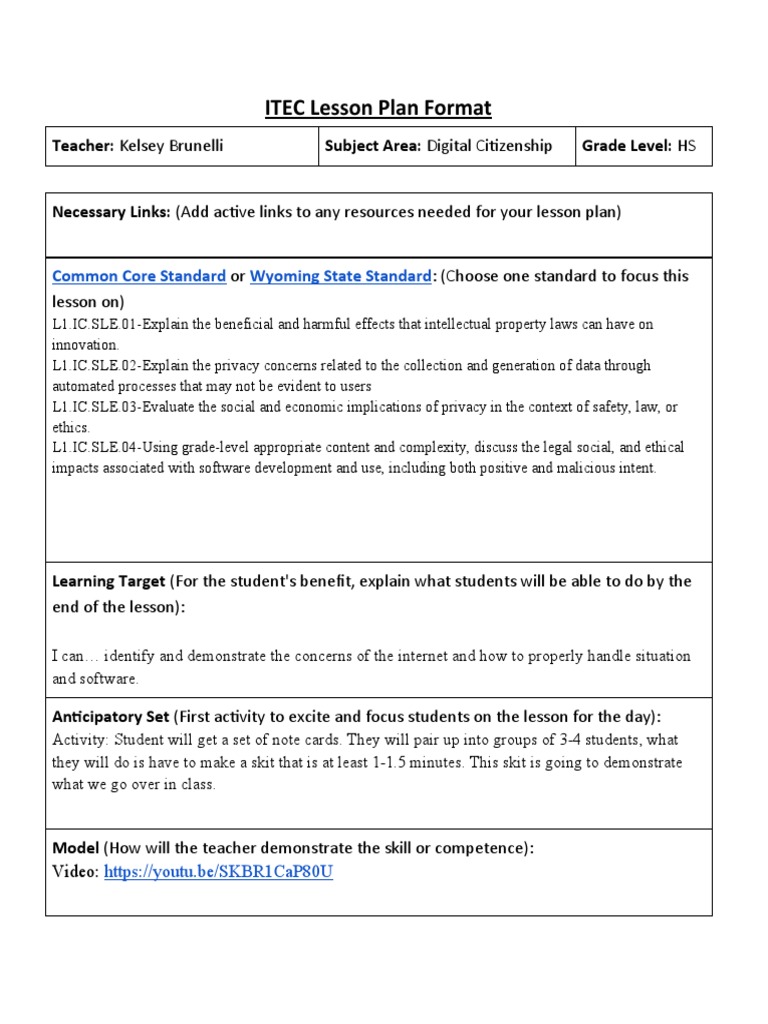 22 Itec Lesson Plan Format-Digital Citizenship | PDF | Lesson Plan ...