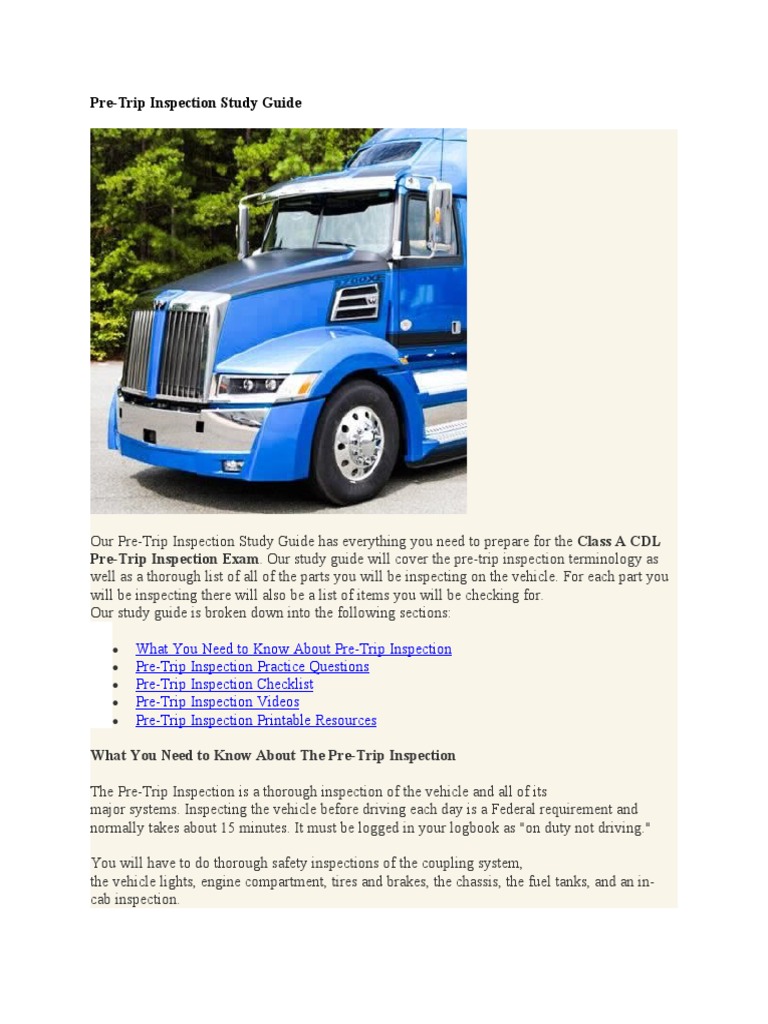 Pre-Trip Inspection Study Guide | PDF | Tractor | Trailer (Vehicle)