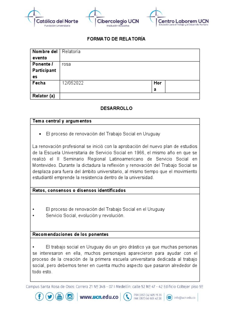 Formato de Relatoría UCN F.T.S | PDF