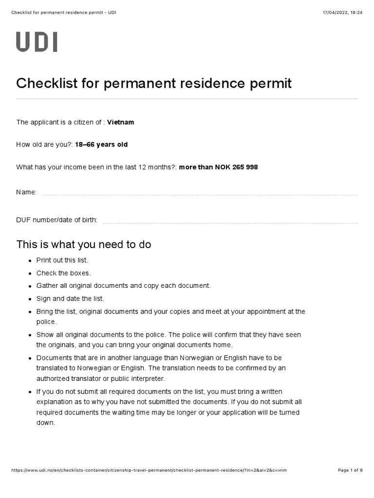 Checklist For Permanent Residence Permit - UDI | PDF | Pension | Welfare