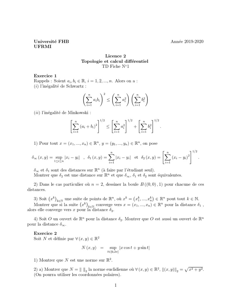Licence 2 Top Et Calcul Diff TD - 1920 | PDF | Inclusion (mathématiques) | Fonction (Mathématiques)