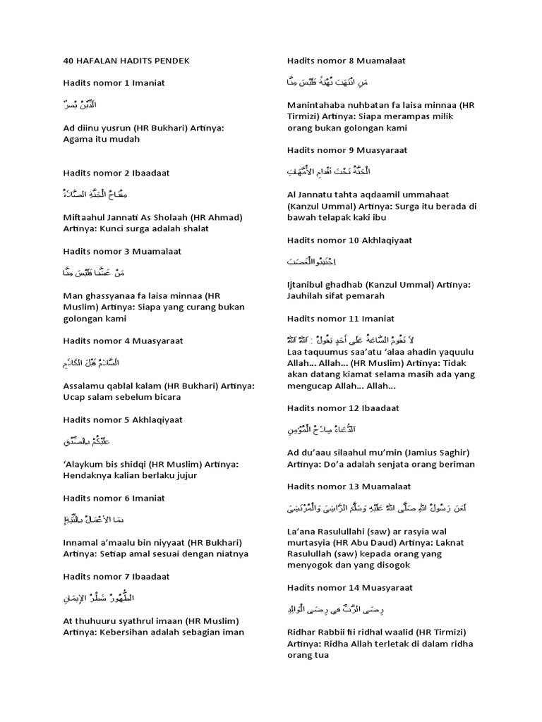 40 Hafalan Hadits Pendek | PDF