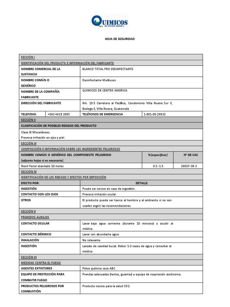 Ficha Tecnica Blanco Total Pro Desinfectante | PDF | Química