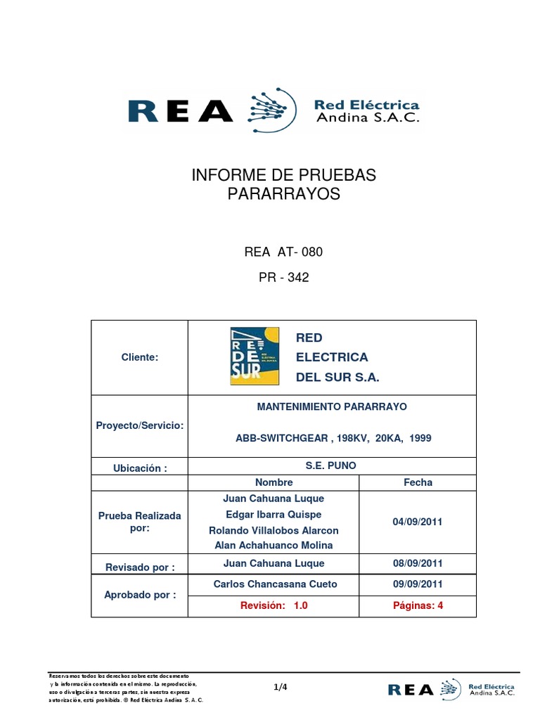 Informe de Pruebas Pararrayos: REA AT-080 PR - 342 | PDF | Cantidad | Poder (Física)