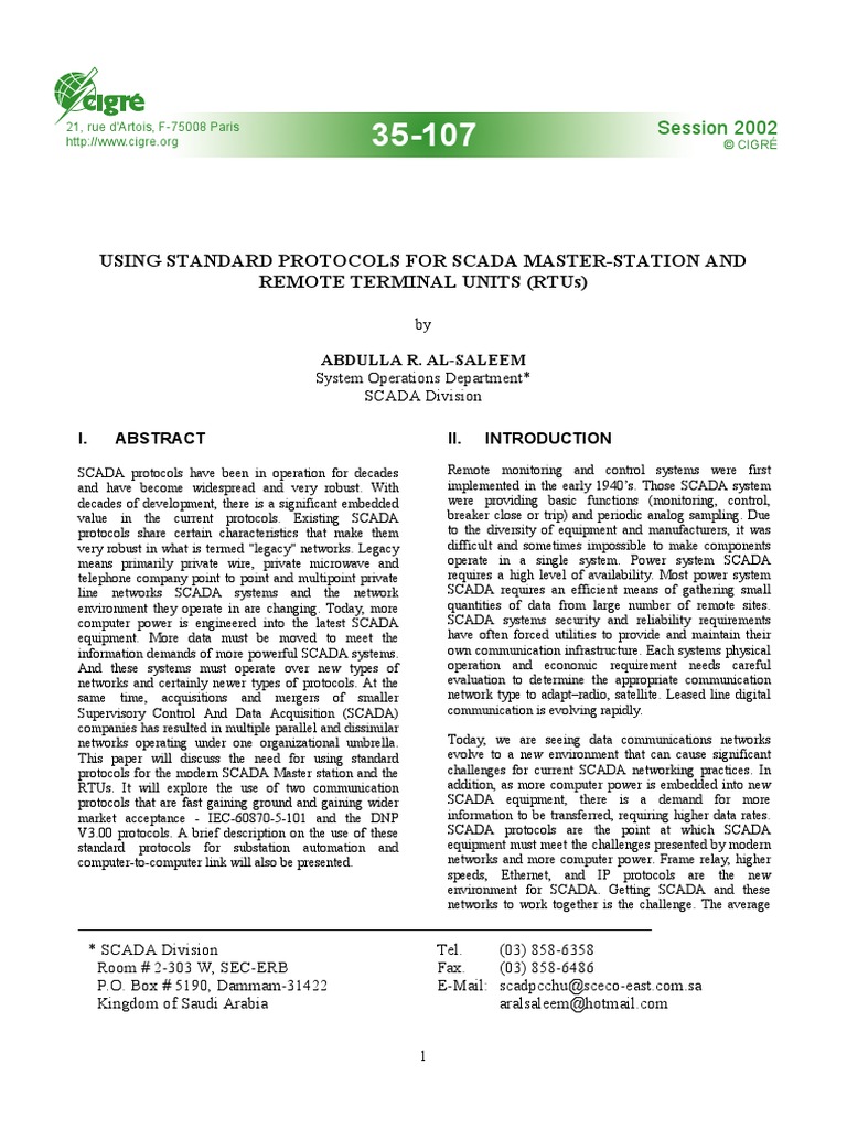 Using Standard Protocols For Scada Master-Station and Remote Terminal ...