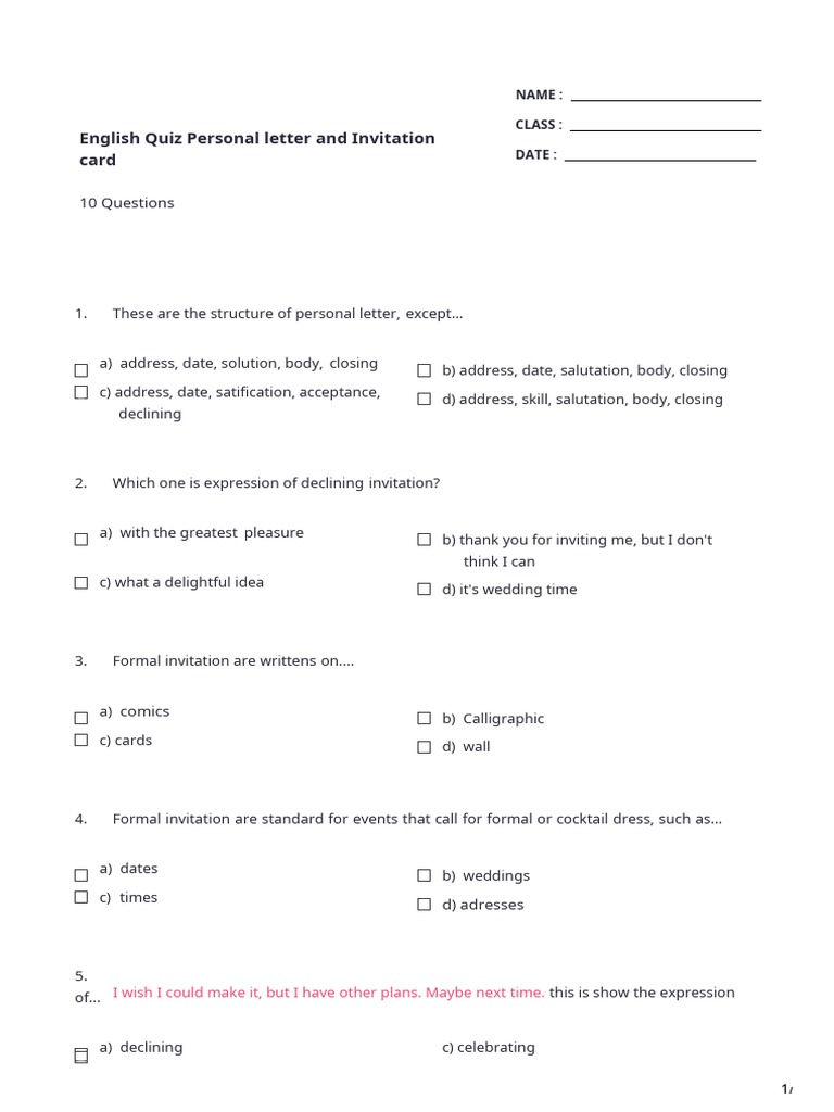 English Quiz Personal Letter and Invitation Card - Print - Quizizz ...