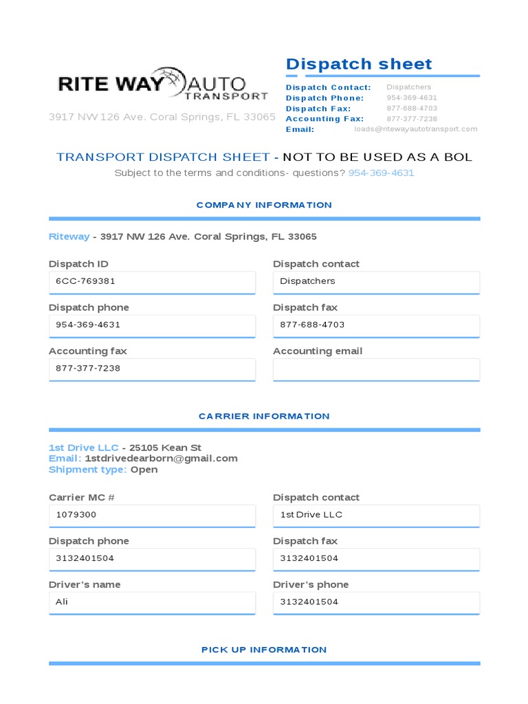 Transport Dispatch Sheet | PDF | Common Carrier | Insurance