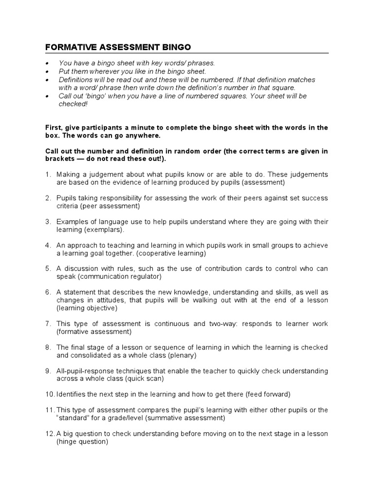 Formative Assessment Bingo Game | PDF | Educational Assessment | Learning