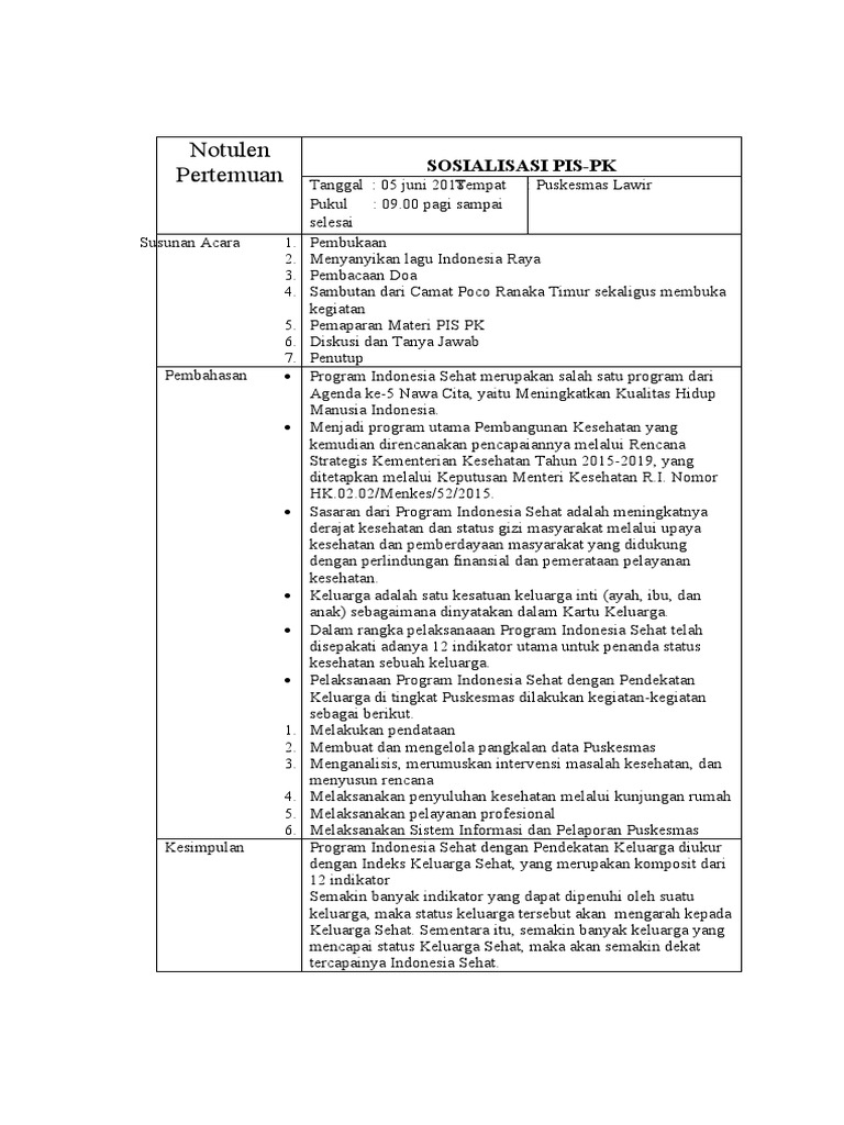 Notulen Sosialisasi Pispk | PDF | Pengembangan Diri | Kesehatan Holistik