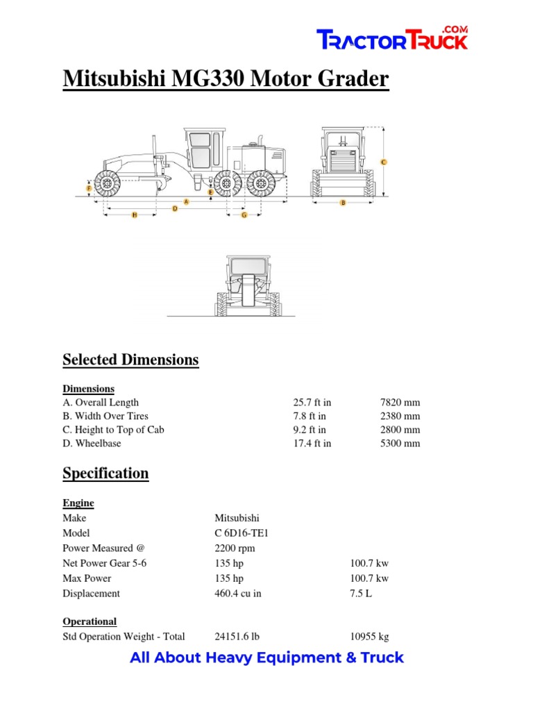 Mitsubishi MG330 Motor Grader: Selected Dimensions | PDF