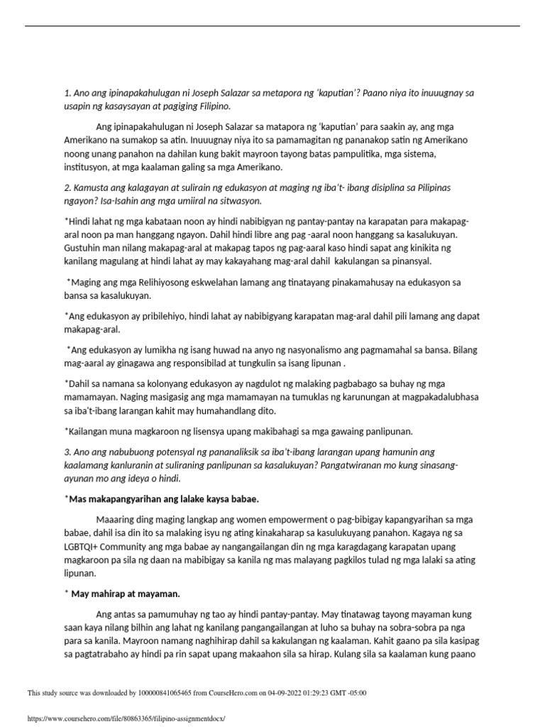 Filipino Assignment | PDF