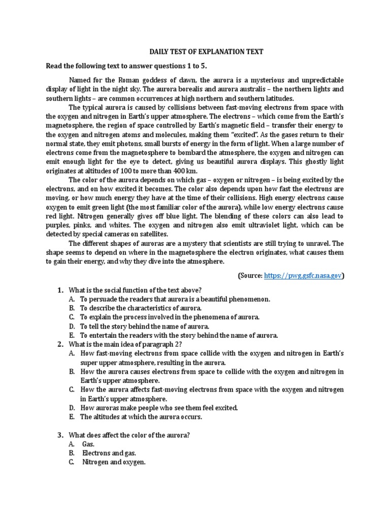 Daily Test of Explanation Text Read The Following Text To Answer ...