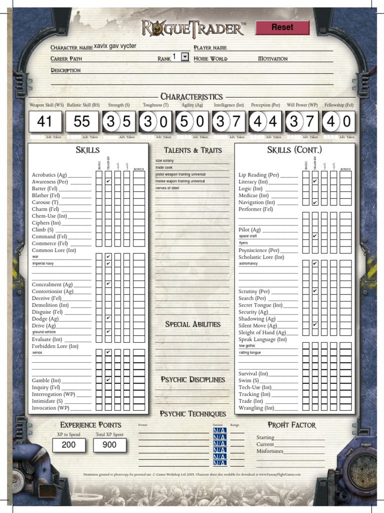 72240795-Rogue-Trader-Character-Sheet-Official-Editable Xavix | PDF