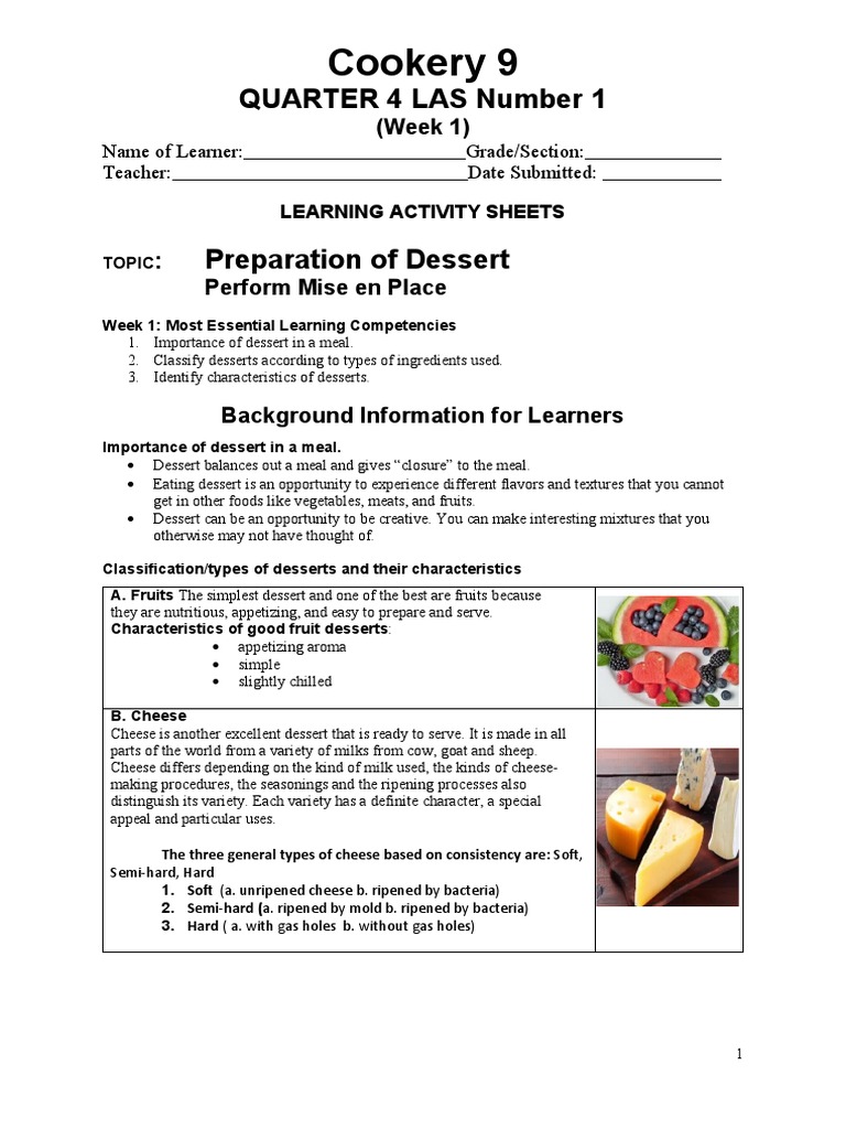 Dessert Preparation for Grade 9 Cookery | PDF | Pudding | Desserts