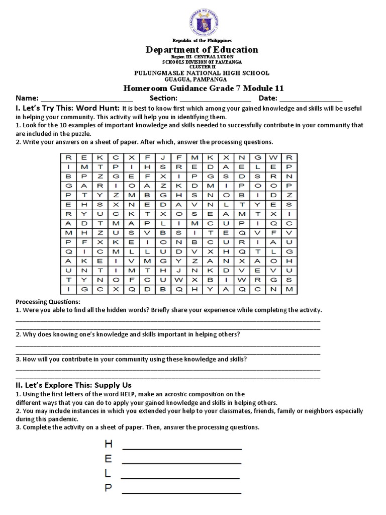 Department of Education: Homeroom Guidance Grade 7 Module 11 I. Let's ...