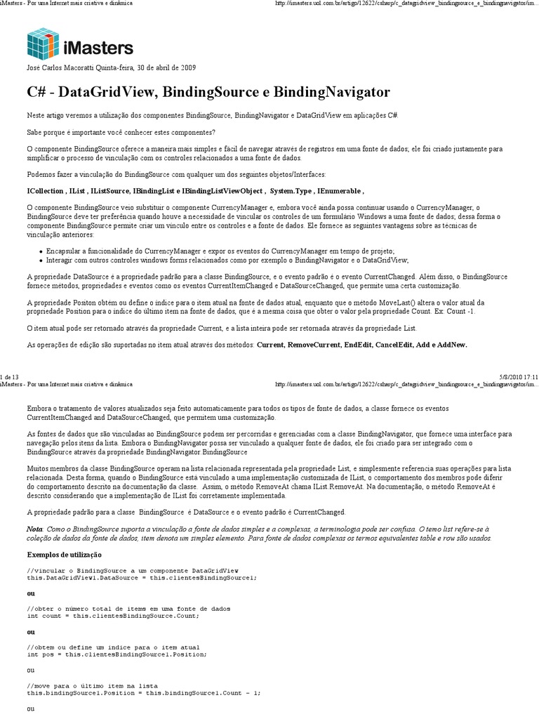 C Data Grid View Binding Source E Binding Navigator Pdf C Sharp Linguagem De