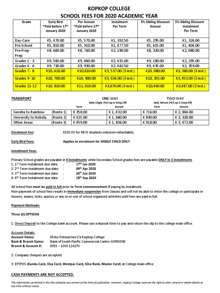 2020 School Fee Schedule | PDF | Banks | Payments