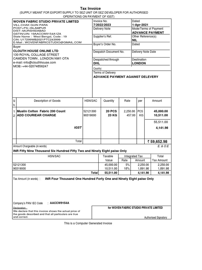 Tax Invoice: 130 Royal Collage Street Camden Town, London Nw1 Ota MOB ...
