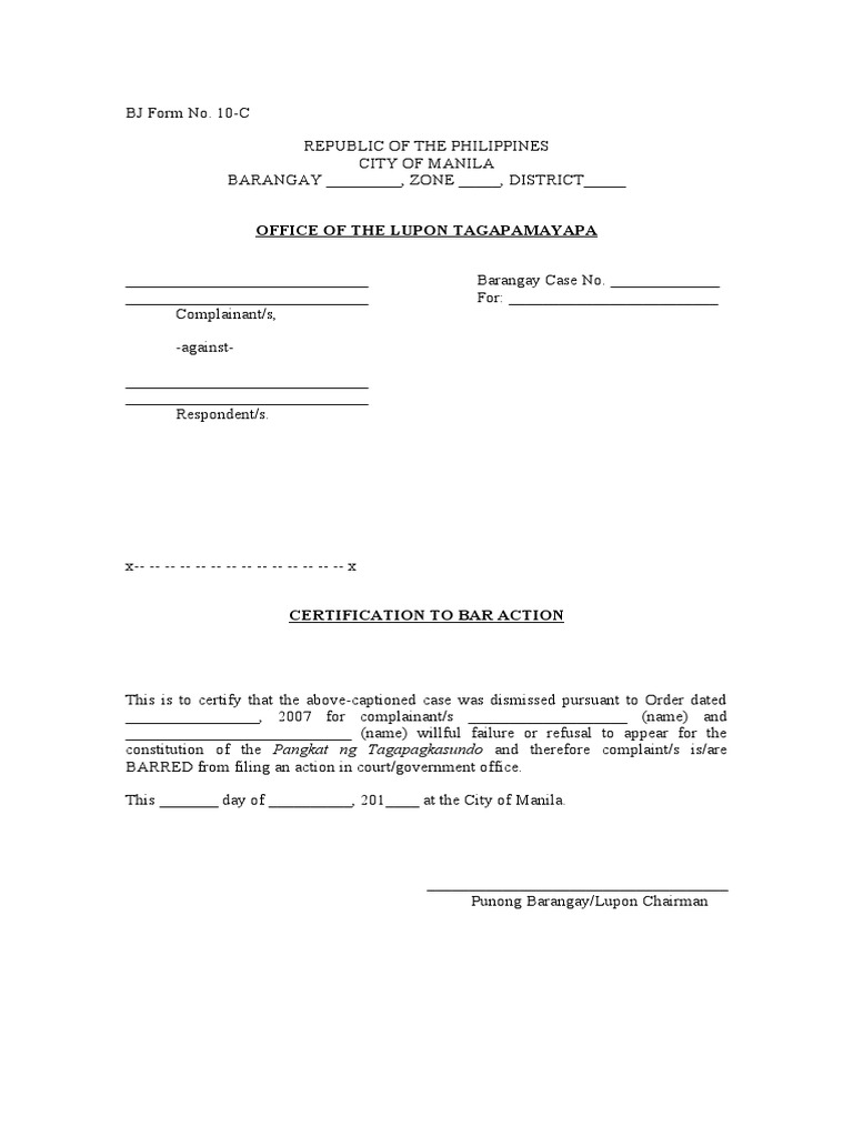 Certification to Bar Action in Barangay | PDF | Business | Finance ...