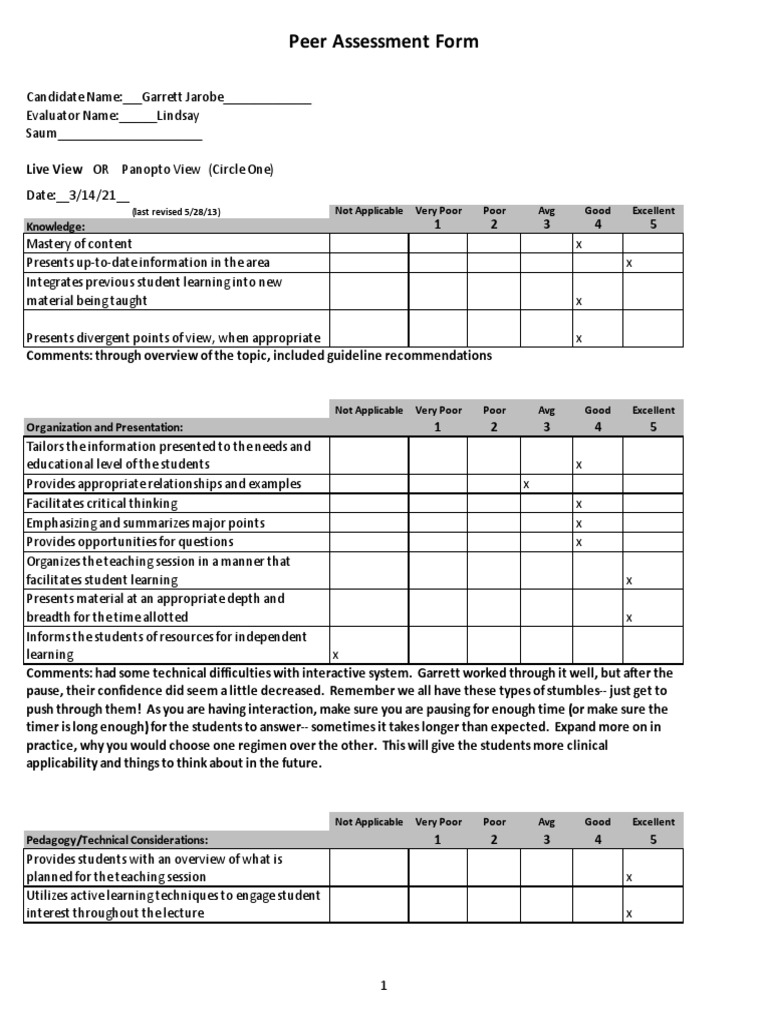 Peer Assessment Form Jarboe Im Elective Pna | PDF | Learning | Lecture