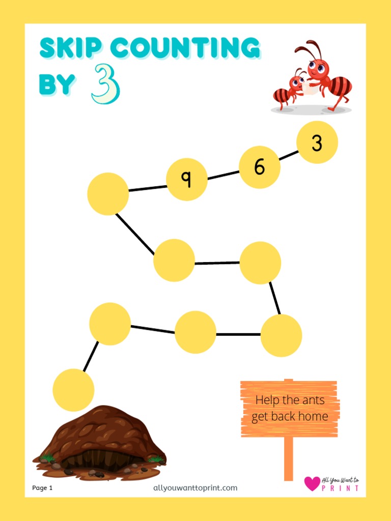 Ants Skip Counting by 3 Math Worksheet | PDF