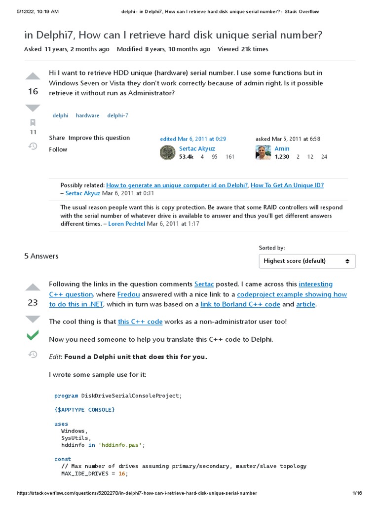 Delphi - in Delphi7, How Can I Retrieve Hard Disk Unique Serial Number - Stack Overflow ...