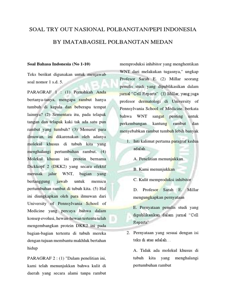 Soal Try Out Nasional Polbangtan/Pepi Indonesia by Imatabagsel Polbangtan Medan | PDF