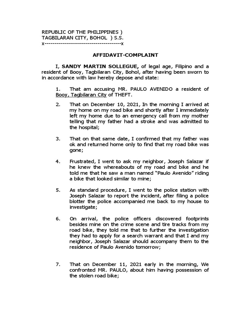 Sample Affidavit Complaint | PDF | Theft | Affidavit