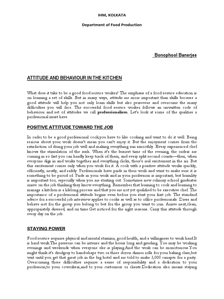 Lesson 2 On Attitude and Behaviour in The Kitchen | PDF | Foods | Food ...