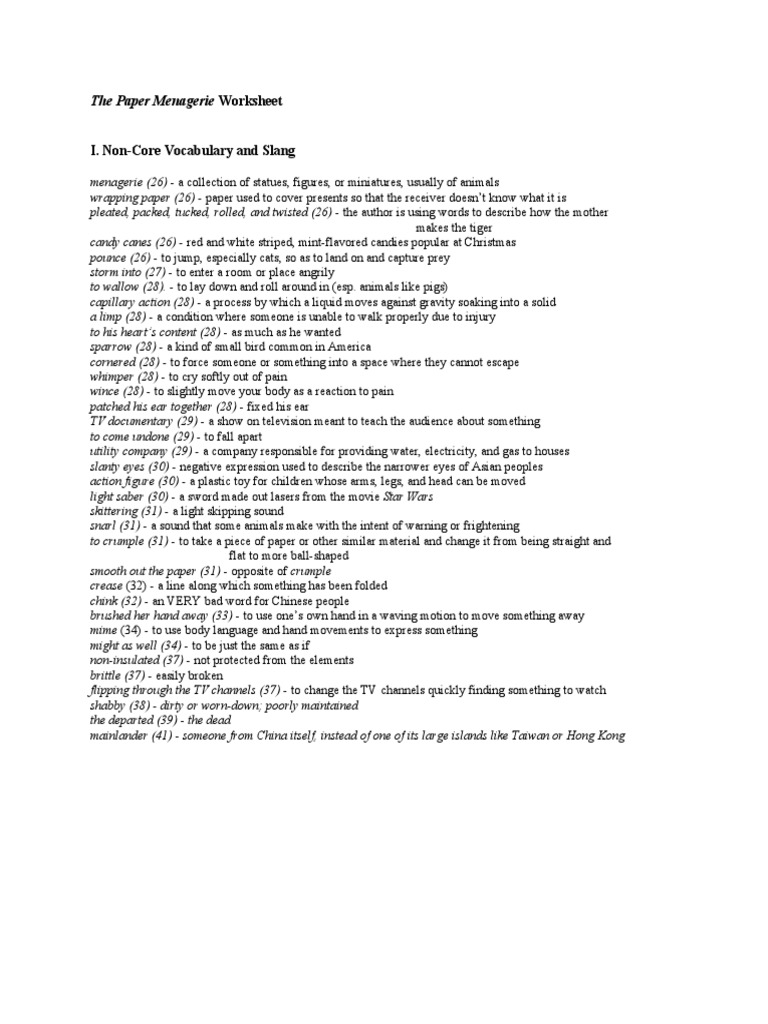 The Paper Menagerie Worksheet Guide | PDF