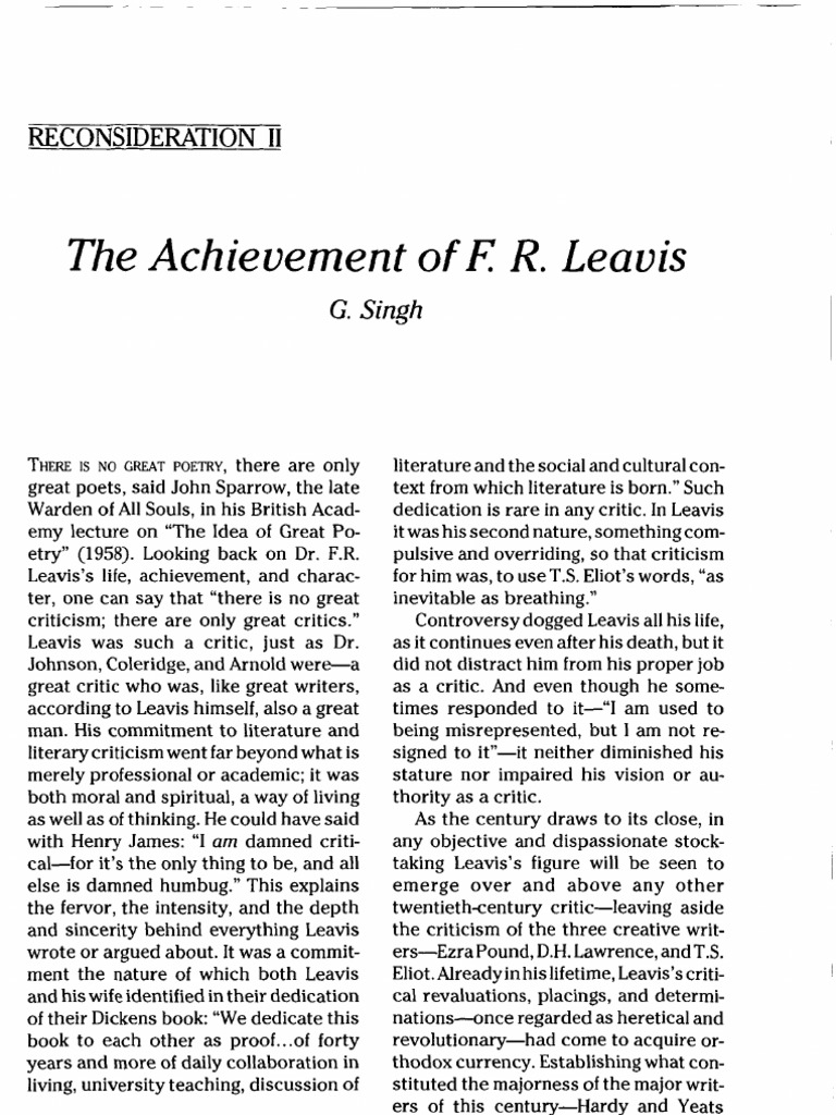 F. R. Leavis: A Legacy of Criticism | PDF | T. S. Eliot | Literary ...