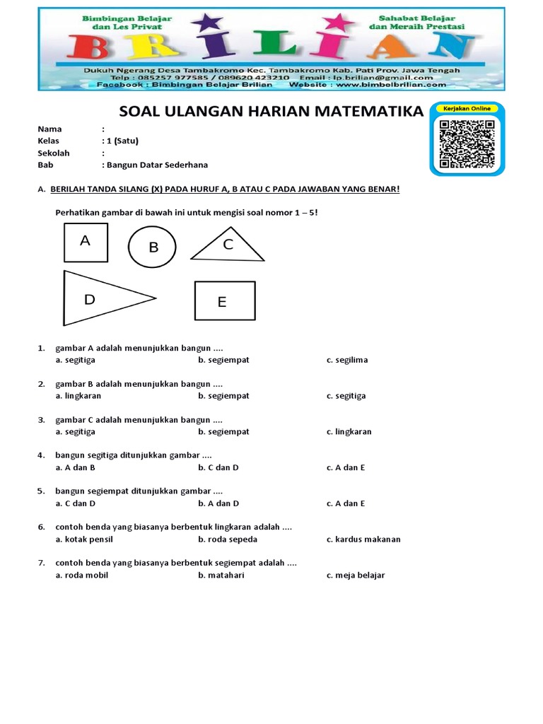 Soal Matematika Kelas 1 SD Bab 8 Bangun Datar Sederhana | PDF