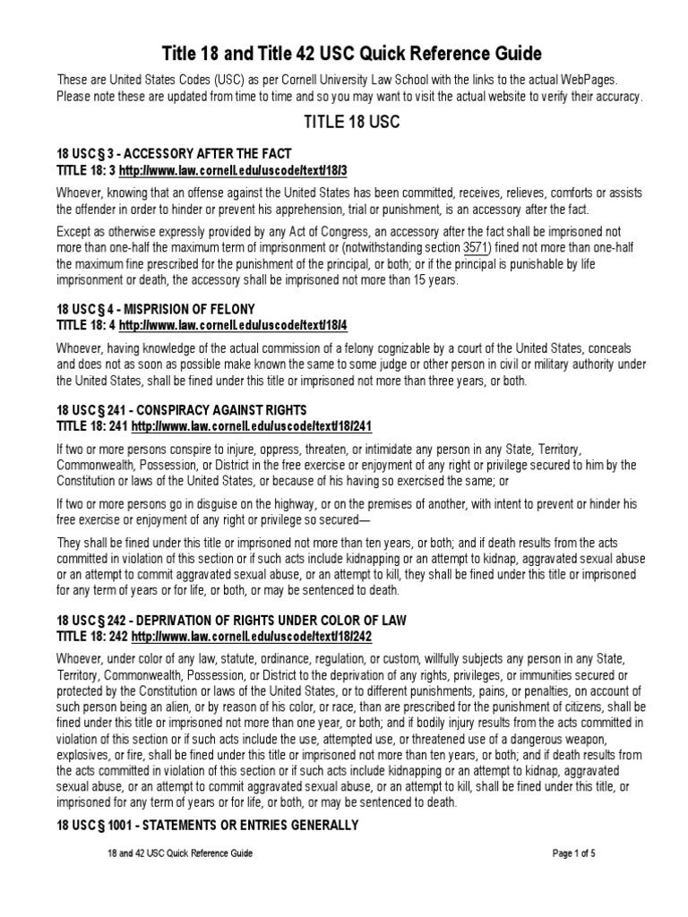 Title 18 and Title 42 USC Quick Reference Guide | PDF | Perjury ...