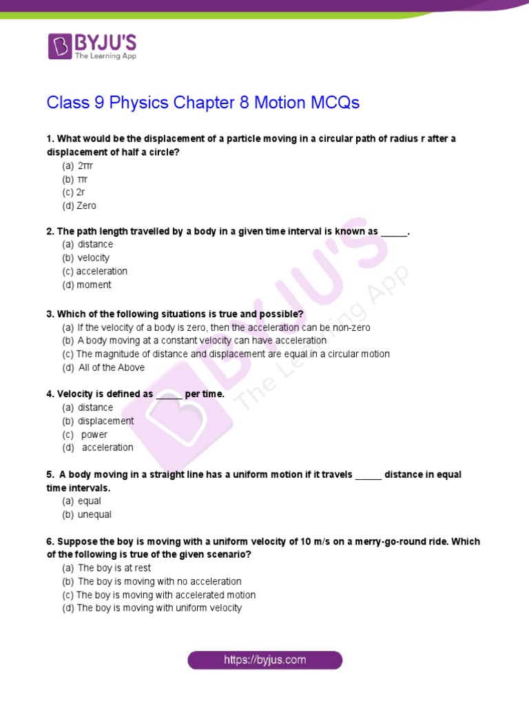 Class 9 Physics Chapter 8 Motion MCQs | PDF
