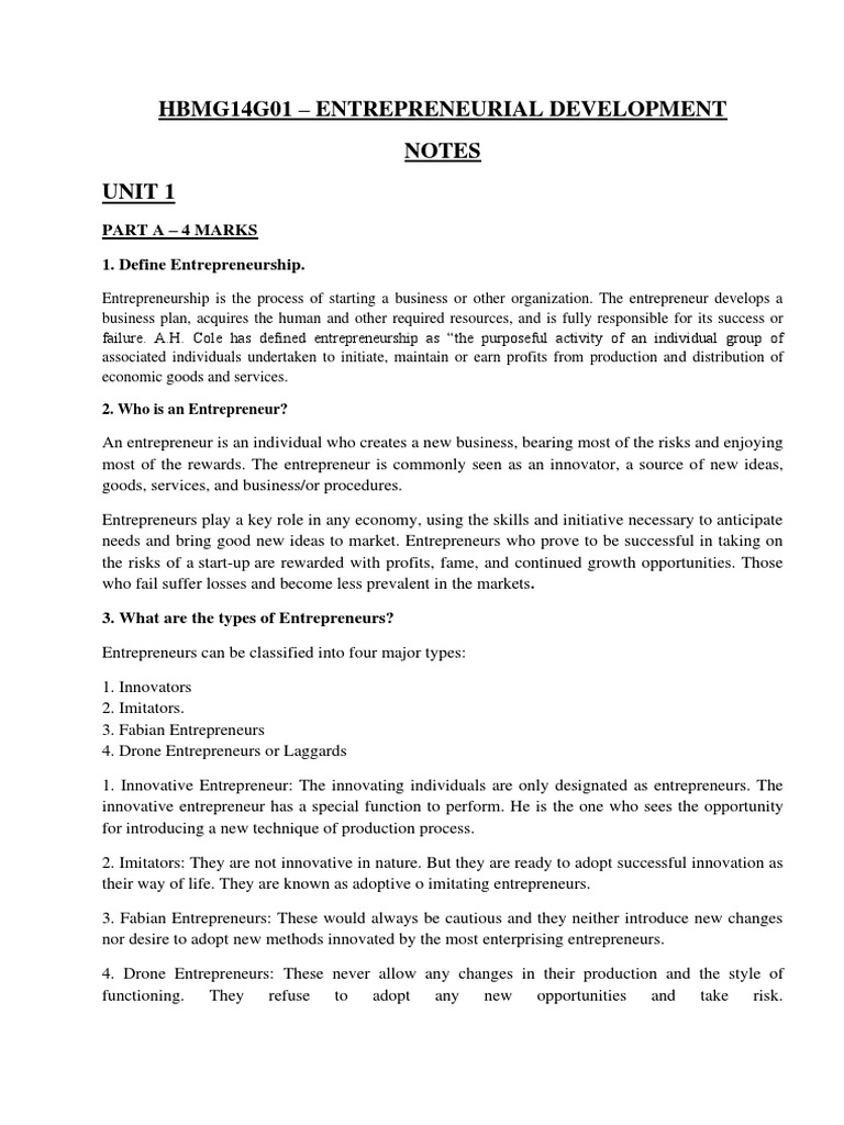 Hbmg14G01 - Entrepreneurial Development Notes Unit 1: Part A - 4 Marks ...
