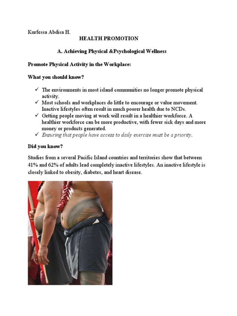 Health Promotion A. Achieving Physical &psychological Wellness Promote ...