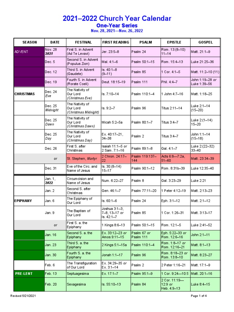 LCMS 2021 2022 Church Year Calendar One Year Series | PDF | Christian ...